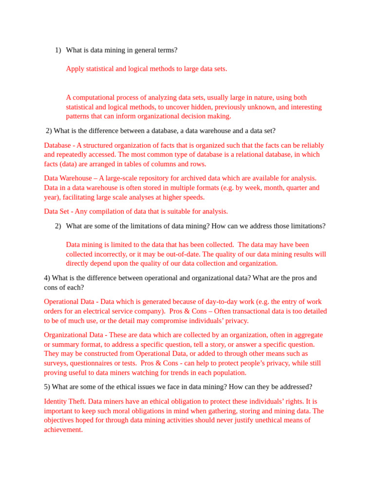 CHP 2 Data Mining Questions | PDF | Data | Data Warehouse