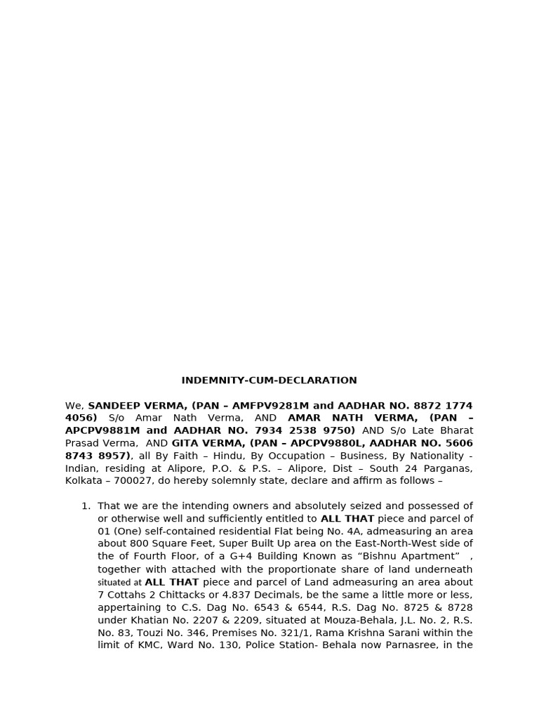 Indemnity Declaration for Property Loan | PDF | Natural Resources Law ...