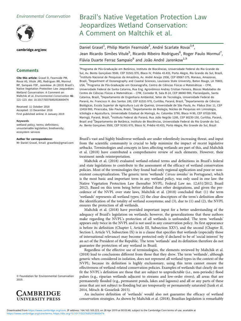 2019c - Brazil's Native Vegetation Protection Law Jeopardizes Wetland ...