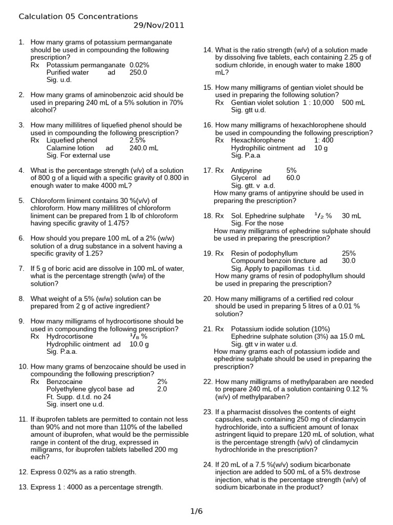 Calculation Questions & Answers 2 1 1 | PDF | Mass Concentration (Chemistry) | Litre
