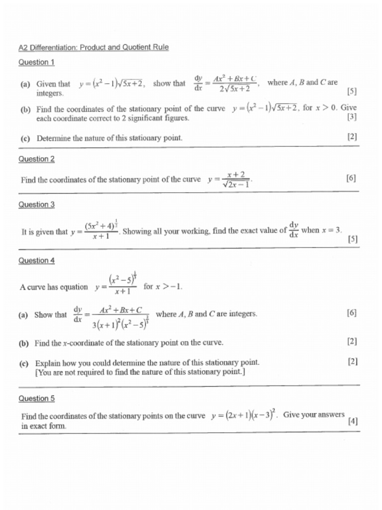 5A Differentiation Product and Quotient Rules Solutions | PDF