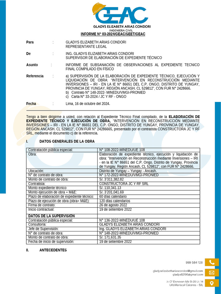 03 Informe Subsanacion de Observaciones de Expediente Tecnico | PDF | Regulación | Justicia