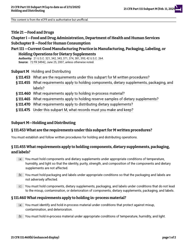 21 CFR Part 111 Subpart M (Up To Date As of 2-11-2025) | PDF | Dietary ...