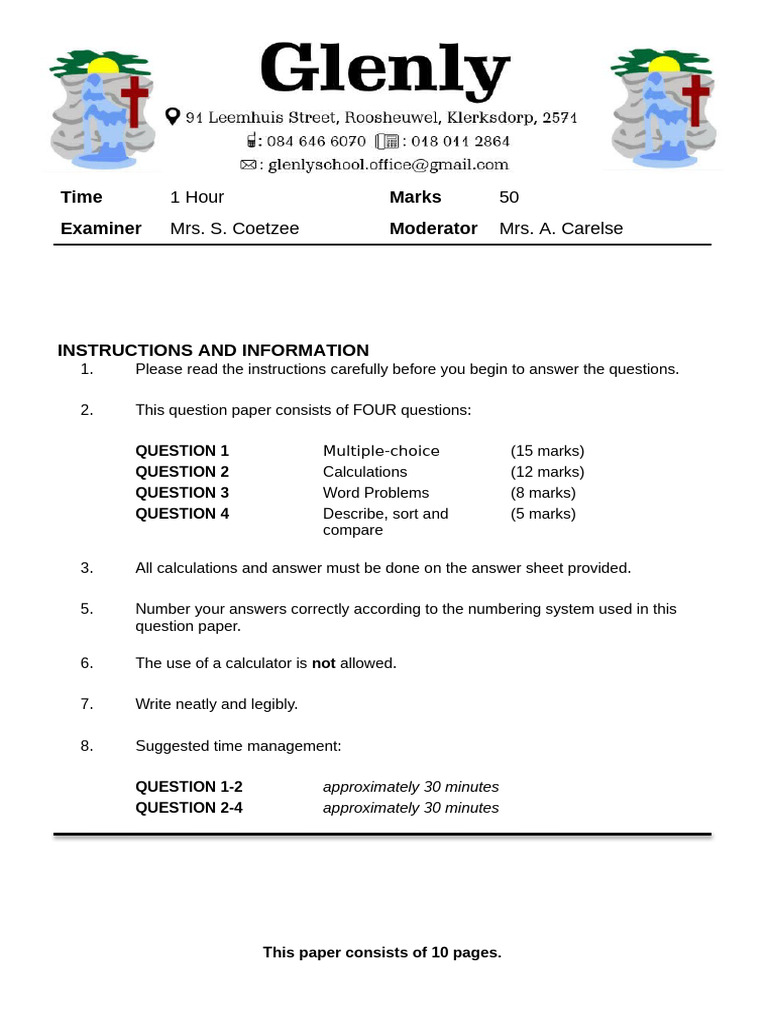 GR 6 Mathematics Term 4 Exam Paper | PDF | Multiple Choice | Euclidean ...