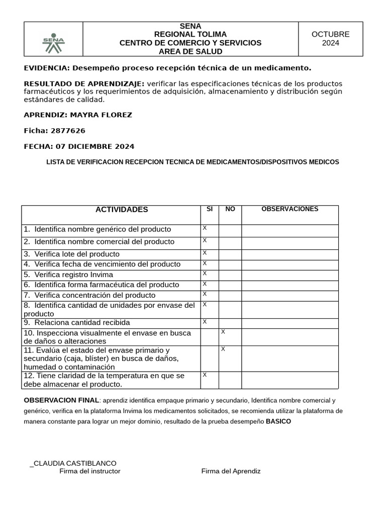 Lista CH Recepcion Tecnica Mayra Florez | PDF
