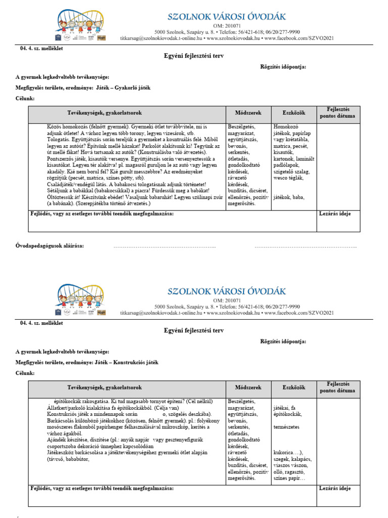 Egyéni Fejlesztési Tervek Játék | PDF