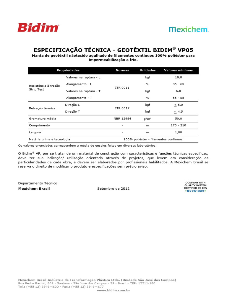 Especificação Técnica - Geotêxtil Bidim VP05 | PDF