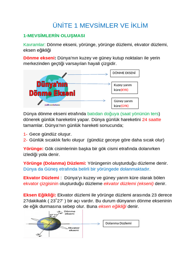 8.sinif Fen Bilimleri Dersi 1.unite Mevsimler Ve Iklim Konu Anlatimi 1.bolum | PDF