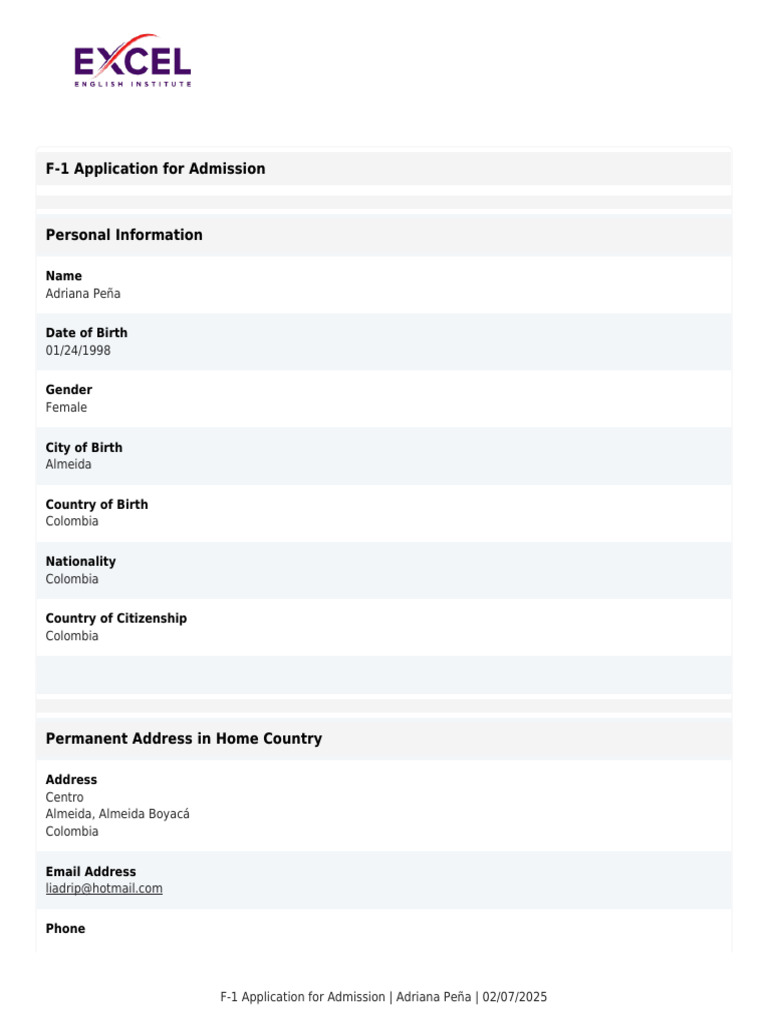 F1 Application For Admission Adriana Peña 02-07-2025 | PDF | Travel ...