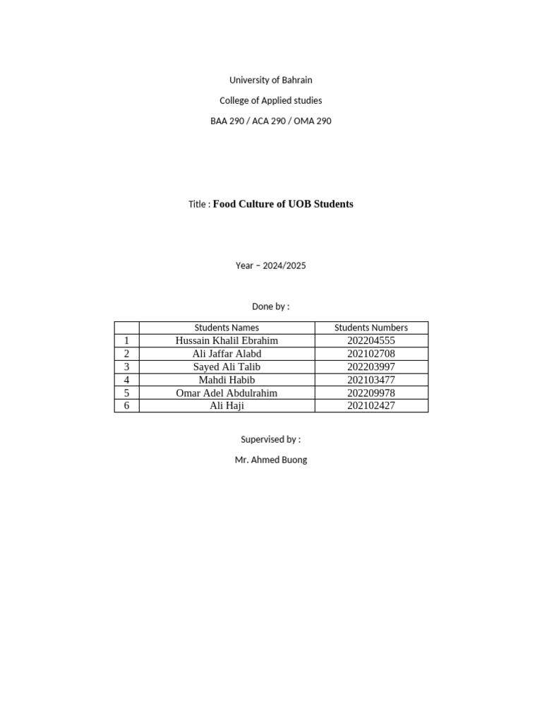 UOB Students' Bahraini Food Culture Study | PDF | Survey Methodology ...