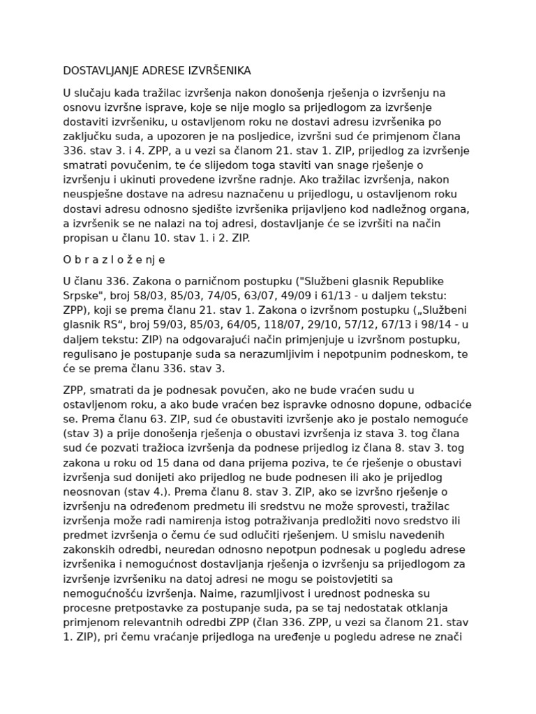 Dostavljanje Adrese Izvršenika | PDF
