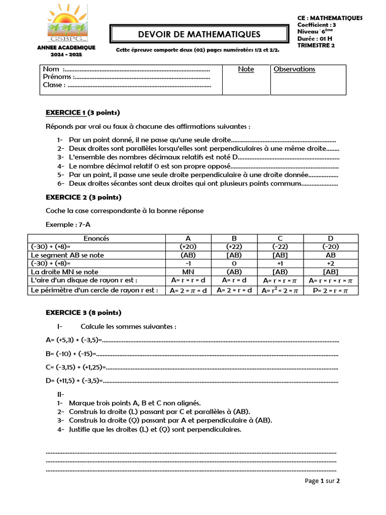 Mathematiques Devoir 6eme Deuxieme Trimestre 2025 | PDF