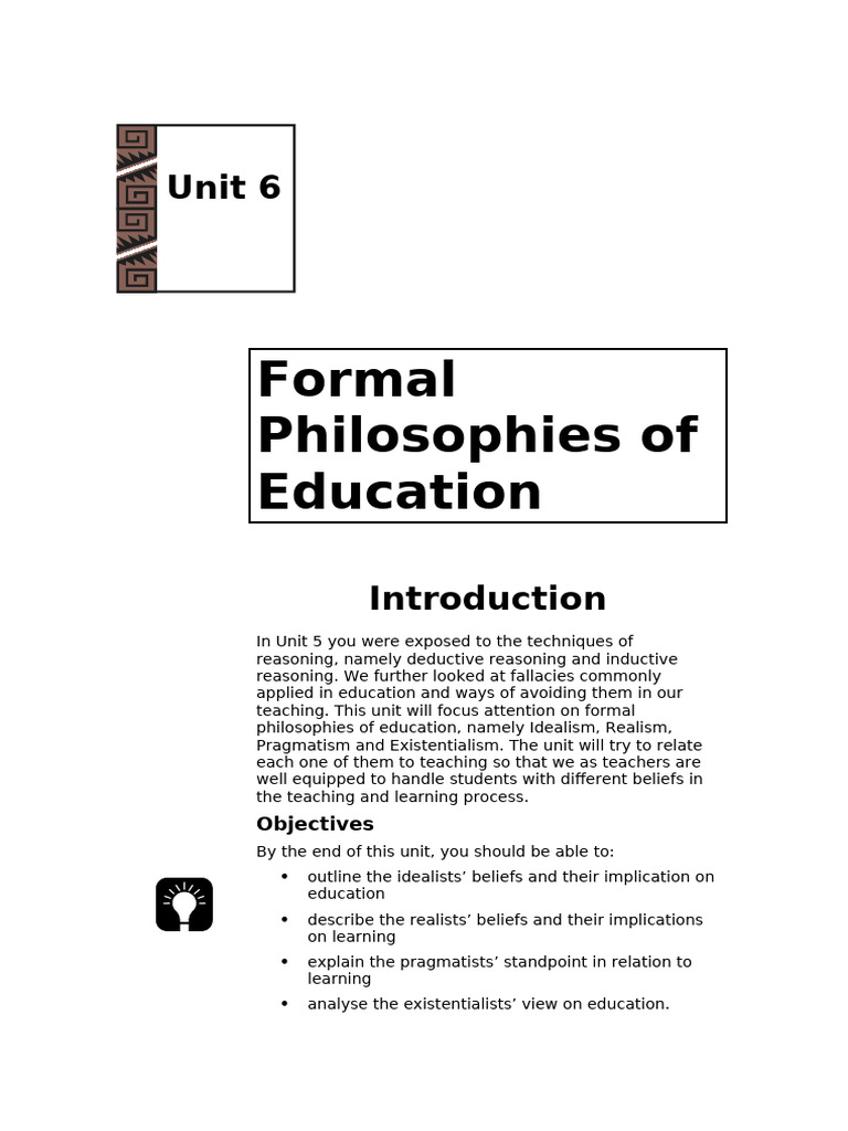 Unit 6 Formal Philosophies of Education | PDF | Pragmatism | Idealism
