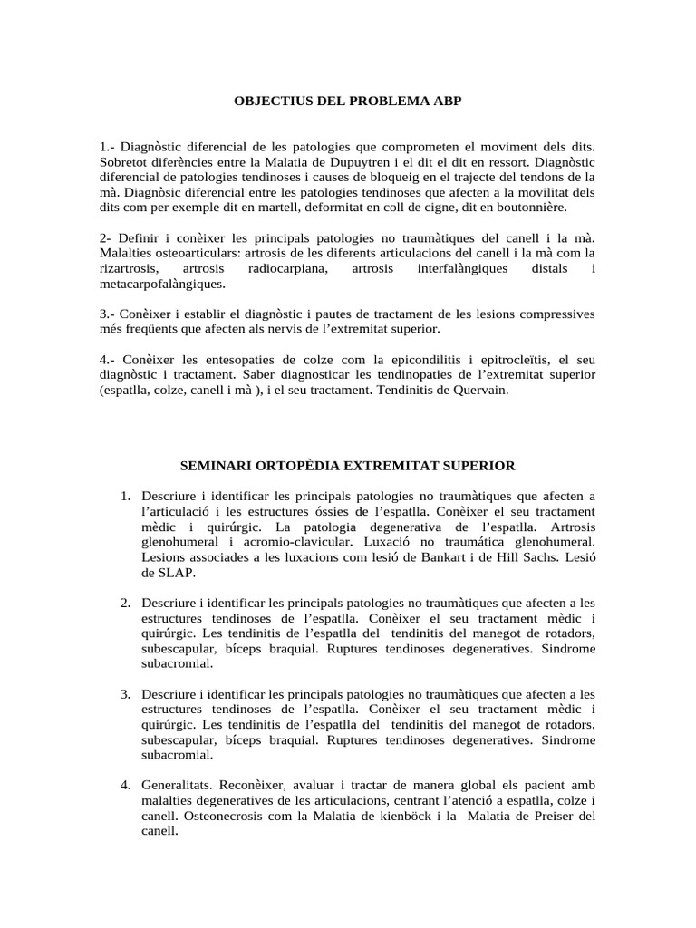 Objectius Ortopedia Extremitat Superior Abp.3 I Seminari | PDF