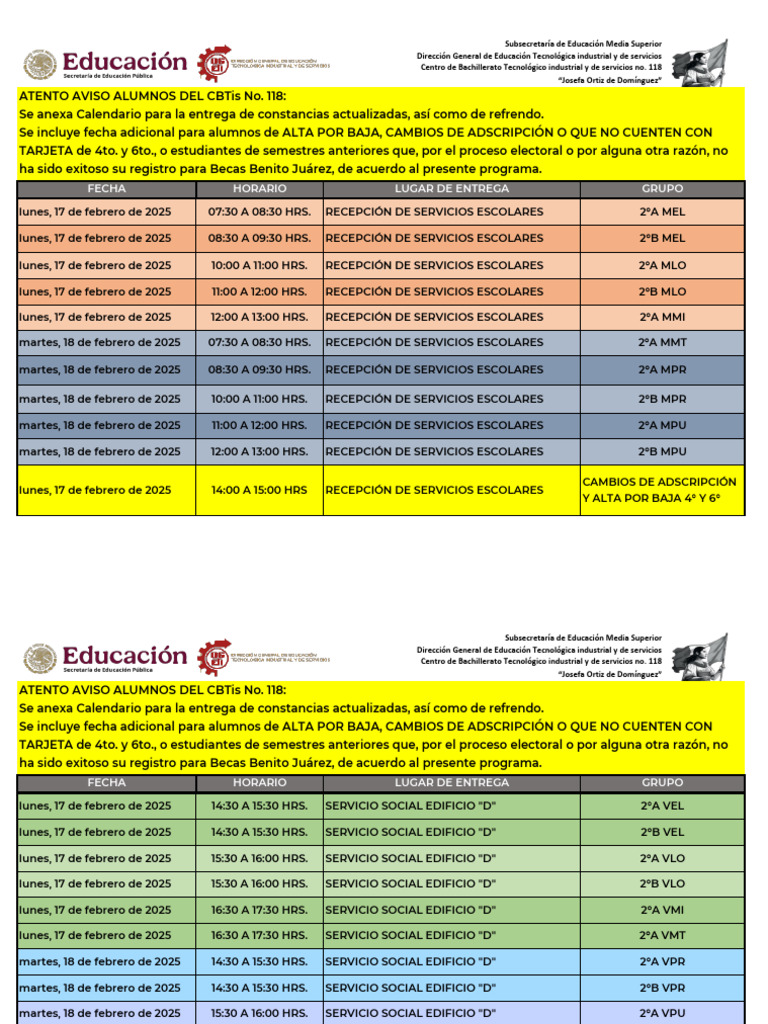 Atento Aviso Alumnos Del Cbtis No. 118:: Fecha Horario Lugar de Entrega ...