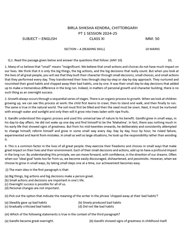 PT1 CLASS 11 OF SESSION 2024-25 bsk | PDF | Sentence (Linguistics)