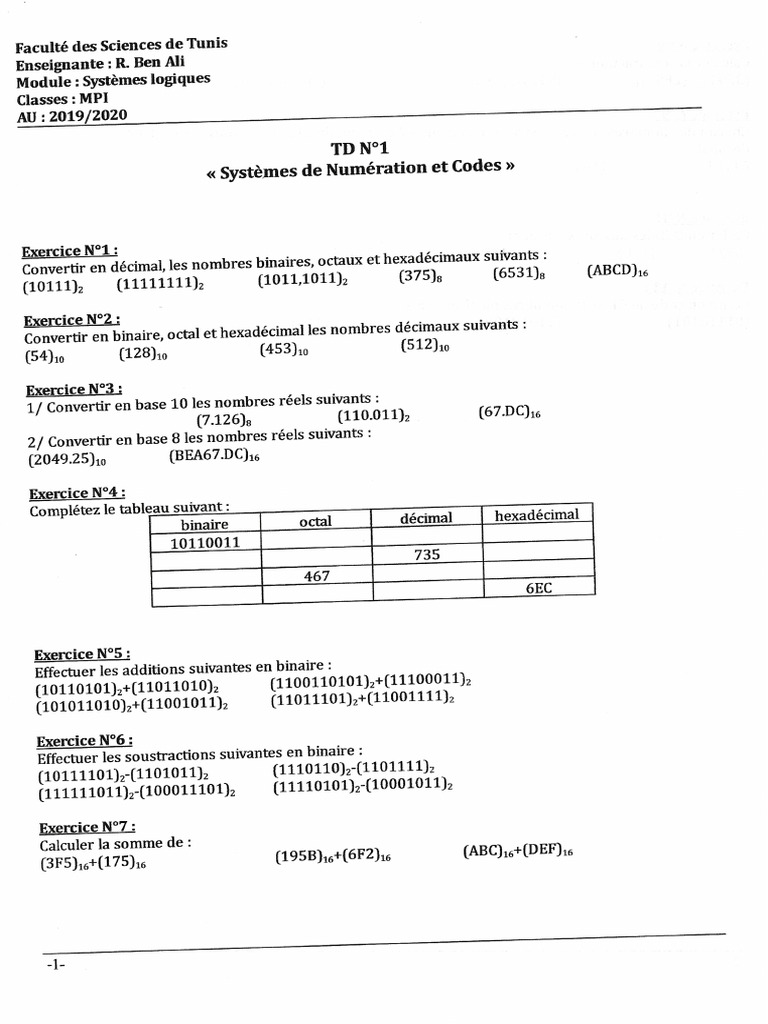 TD 1 + Correc Systèmes de Numération Et Codes | PDF