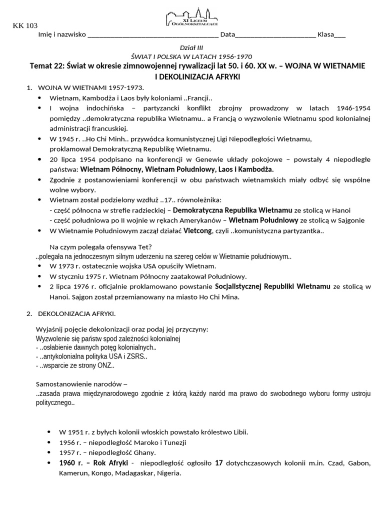 Temat 22 Świat W Okresie Zimnowojennej Rywalizacji Lat 50. I 60. - Wietnam I Dekolonizacja ...