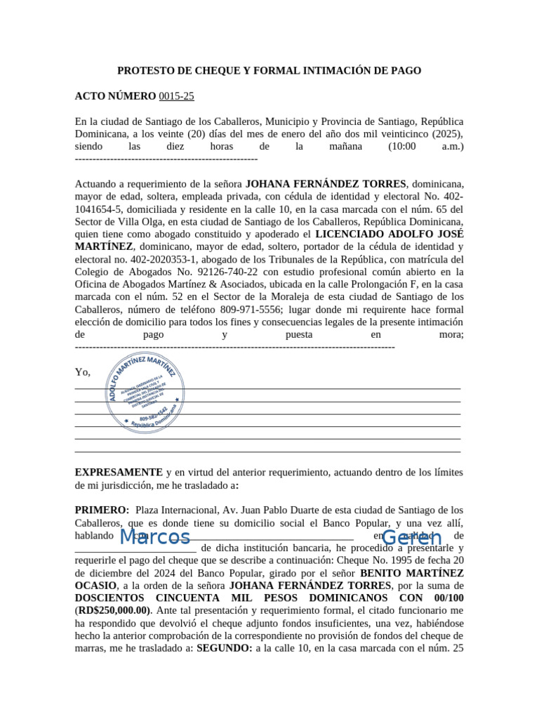 Protesto de Cheque e Intimación | PDF | Cheque | República Dominicana