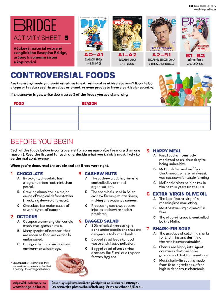 Controversial Foods_BRIDGE-ACTIVITY-SHEET-05-CZ | PDF | Cocoa Bean | Sharks