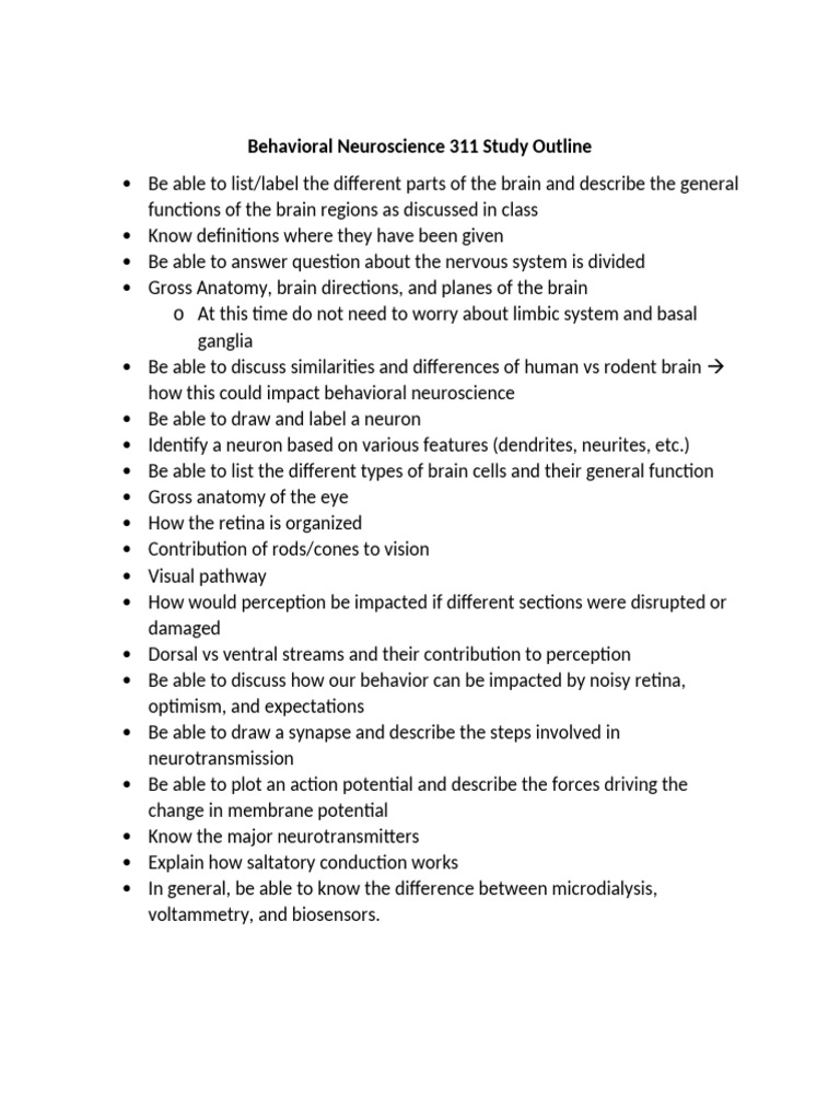Behavioral Neuroscience 311 Study Outline 2 | PDF