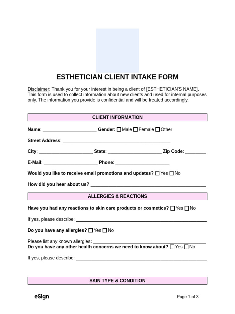 Esthetician Client Intake Form | PDF | Clinical Medicine ...