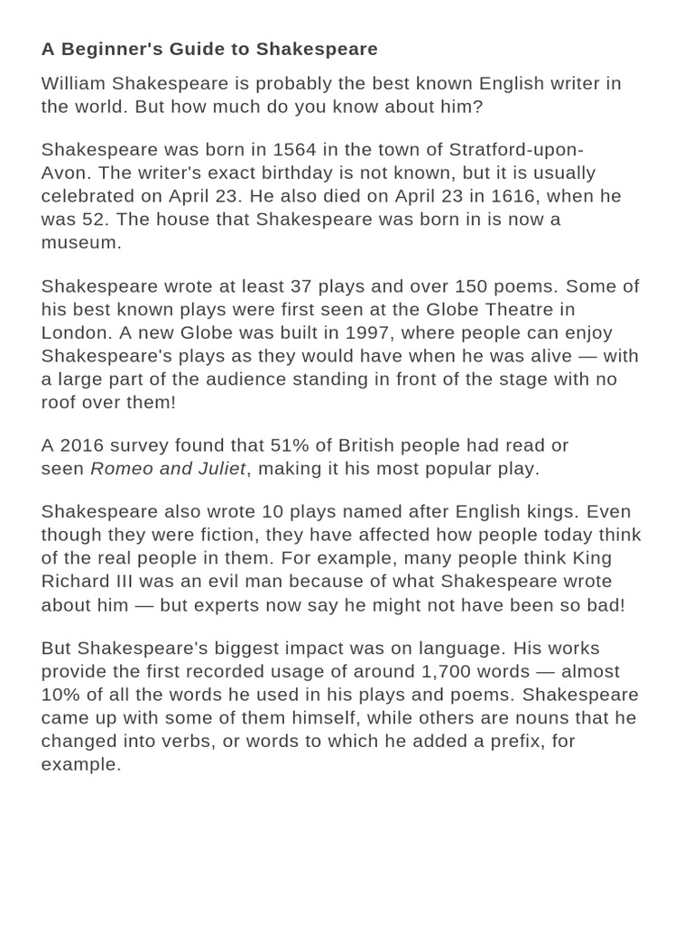 A Beginner's Guide To Shakespeare | PDF