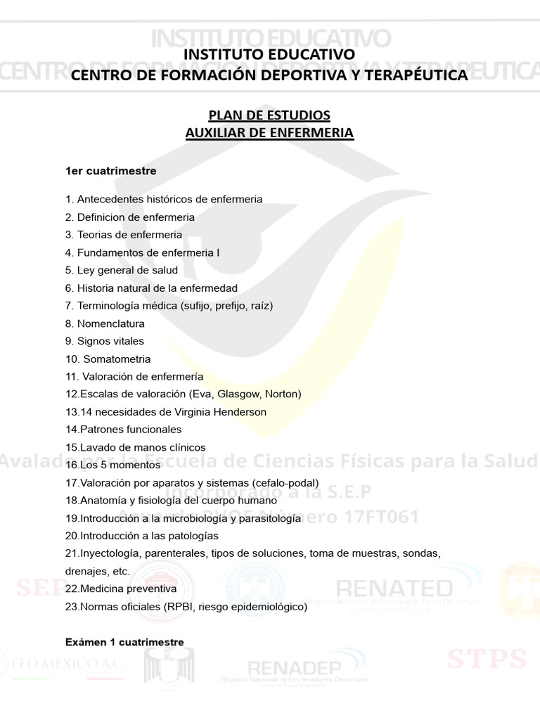 Plan de Estudios Auxiliar de Enfermeria | PDF | Enfermería ...