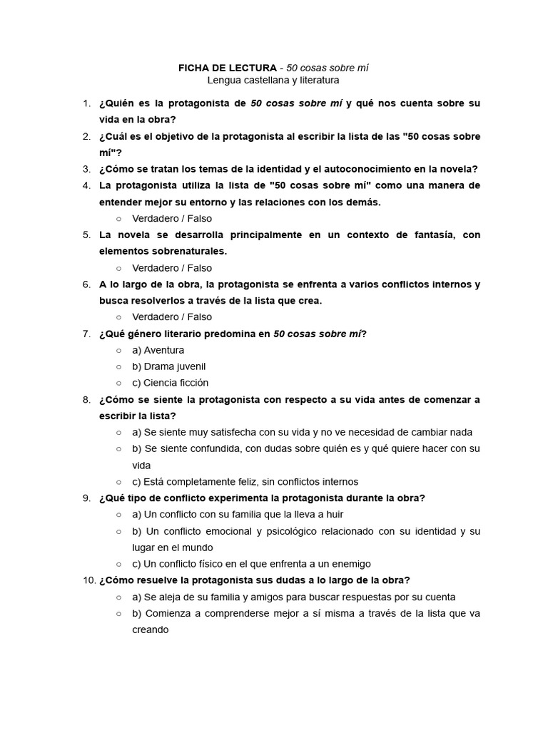50 Cosas Sobre Mí Control de Lectura | PDF