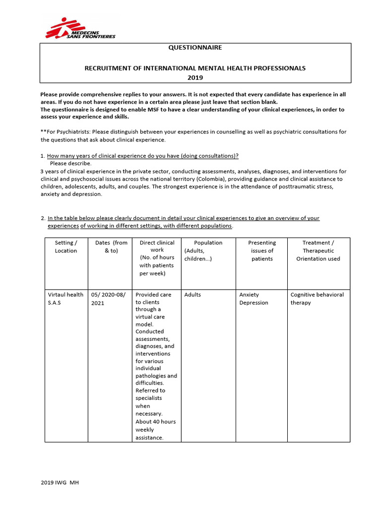 Questionnaire MH ENG | PDF | Mental Disorder | Cognitive Behavioral Therapy