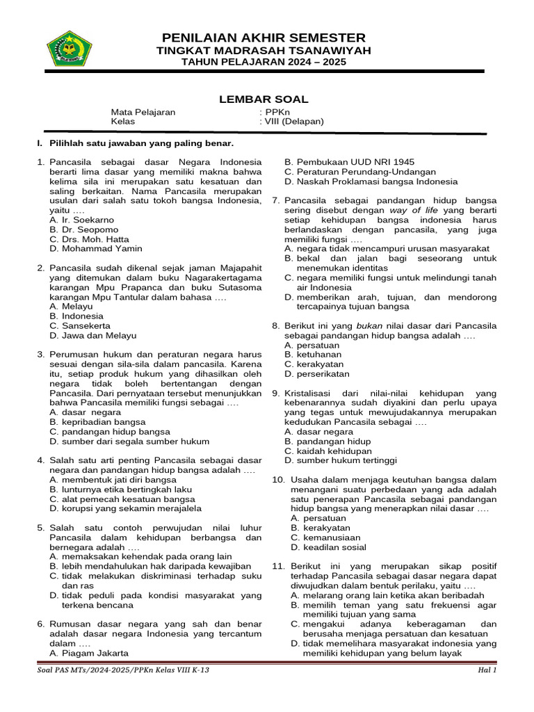 SOAL PAS PPKN KELAS 8 K-13 TAPEL 2024-2025 | PDF