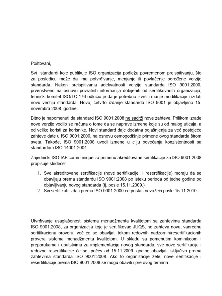 Tranzicija Na Standard ISO 9001 - 2008 | PDF
