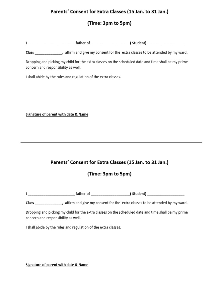 Parents' Consent For Extra Classes (15 Jan. To 31 Jan.) | PDF