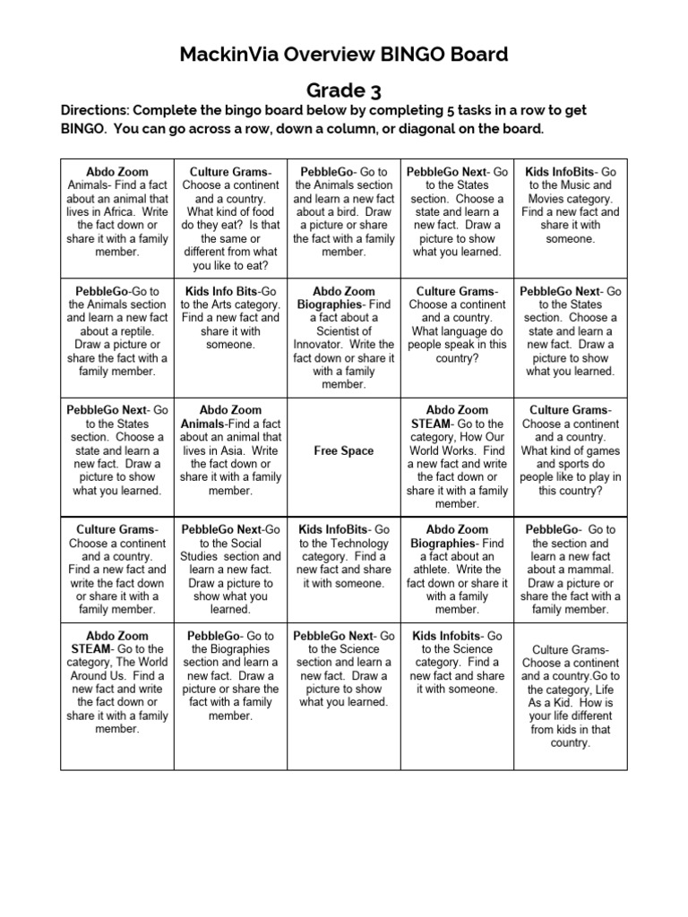 Grade 3 MackinVia Bingo Activities | PDF
