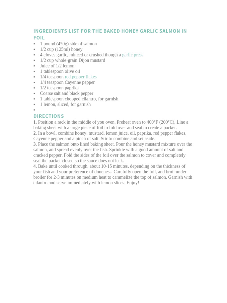 Ingredients List For The Baked Honey Garlic Salmon in Foil | PDF