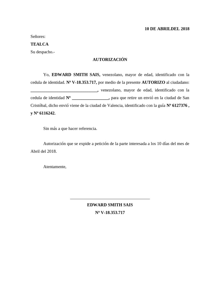 Autorizacion Para Retirar Envio | PDF