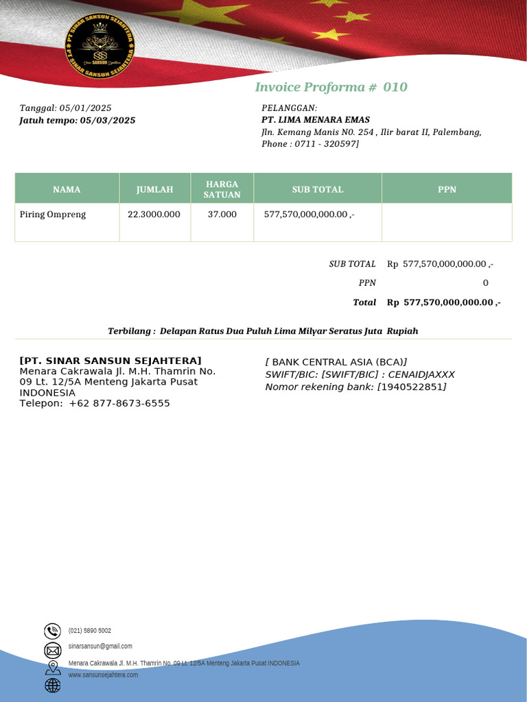 Invoice Proforma PT. Lima Menara Emas | PDF