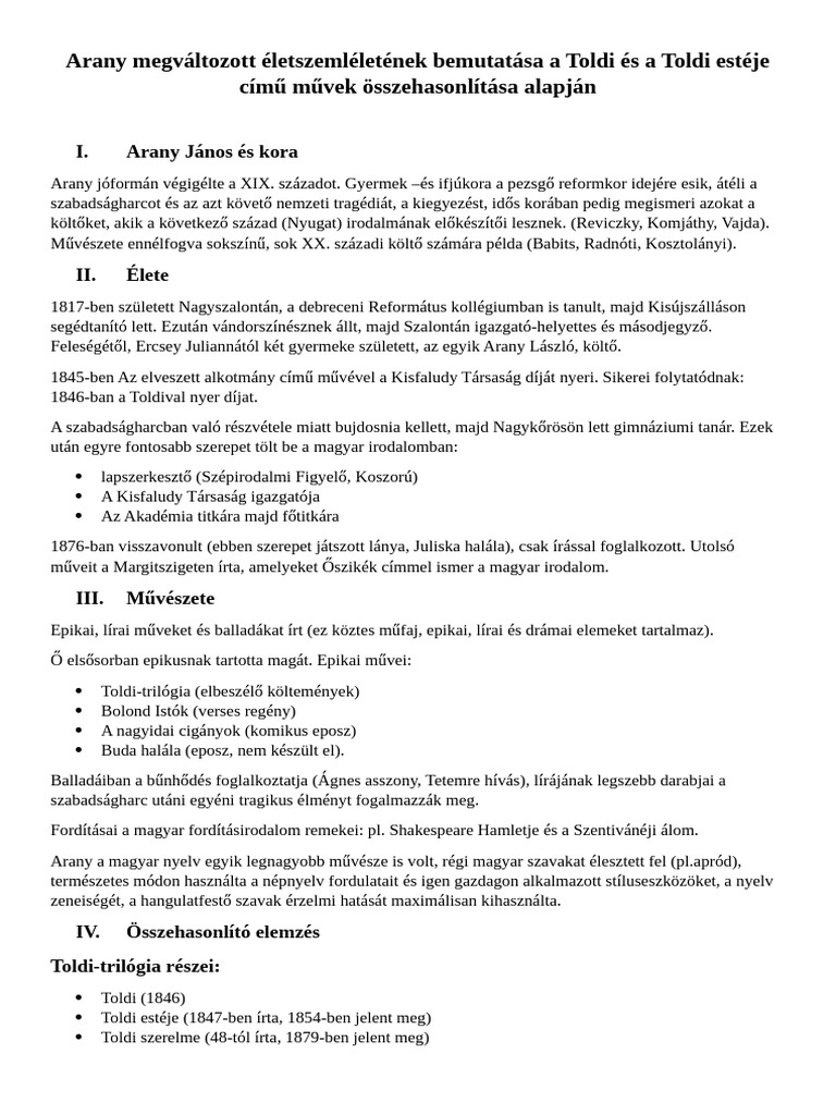 Arany Megváltozott Életszemléletének Bemutatása A Toldi És A Toldi ...