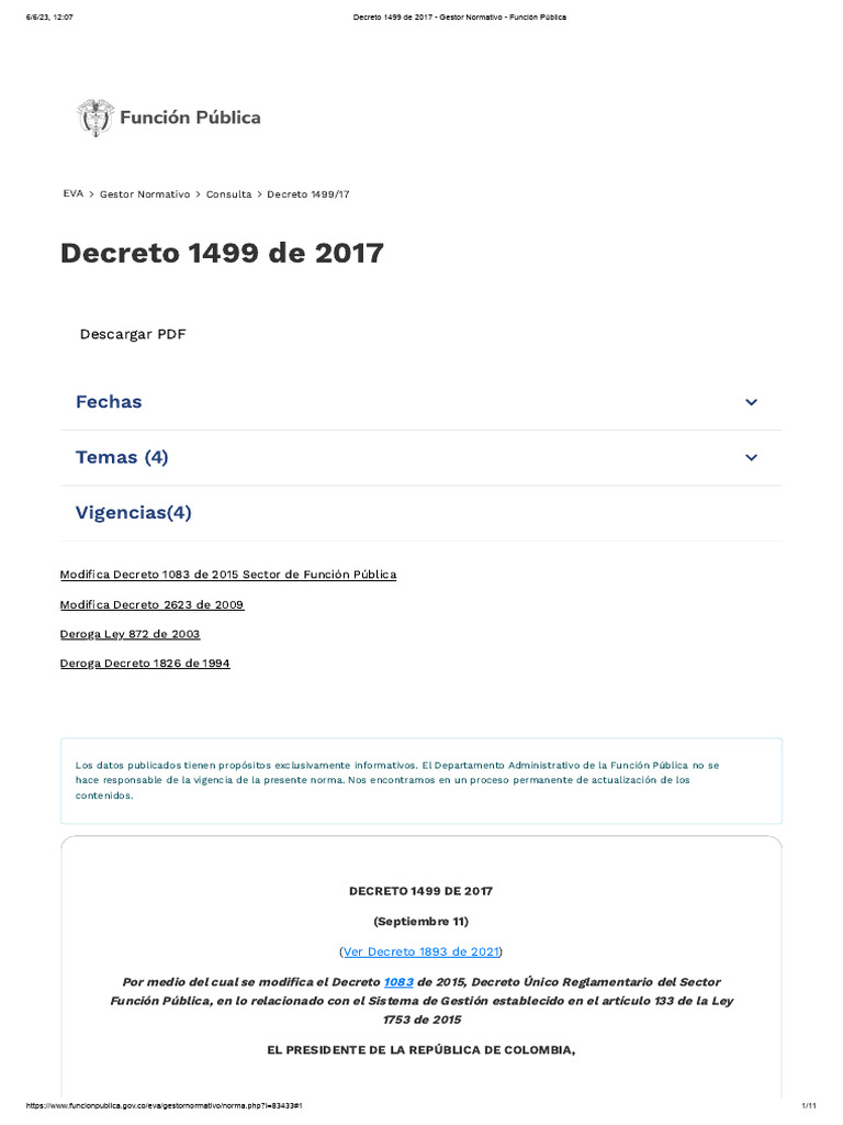 Decreto 1499 de 2017 - SISTEMAS DE GESTION | PDF | Planificación | Ministerio (Departamento de ...