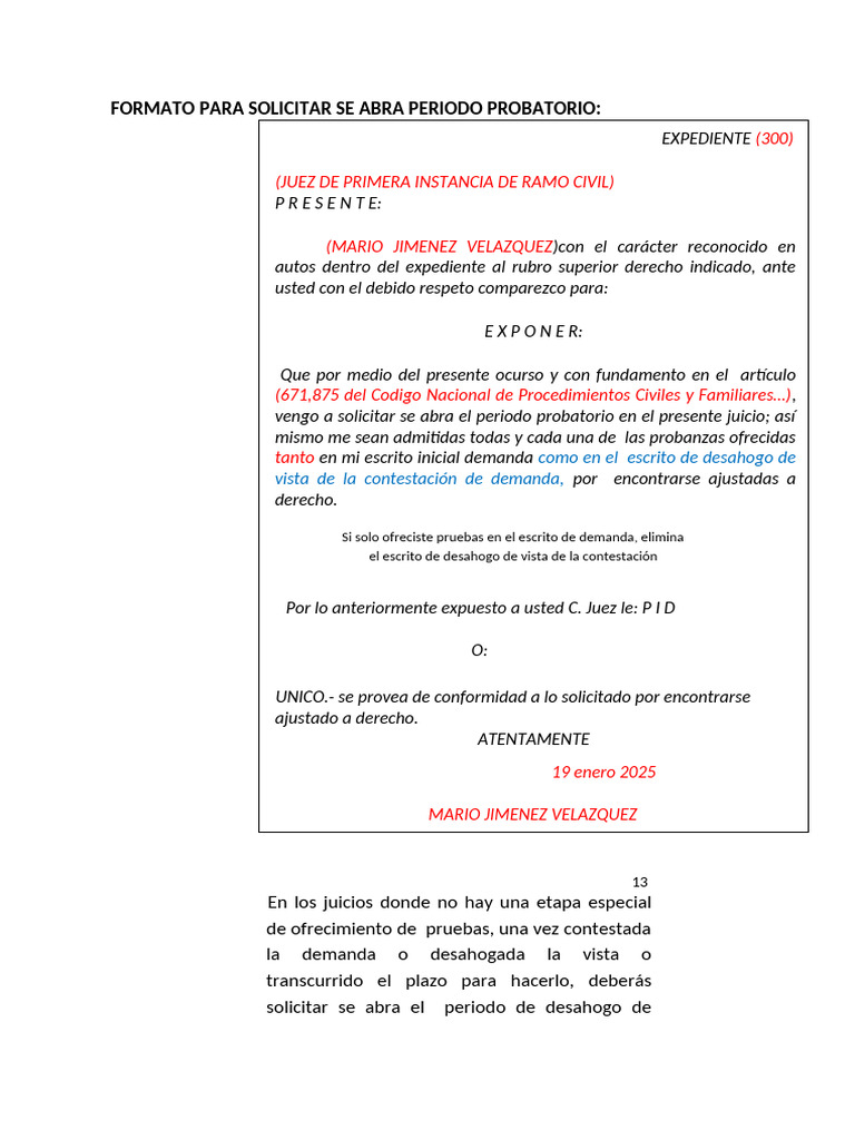 Formato para Solicitar Se Abra Periodo Probatorio - 1 | PDF | Justicia ...