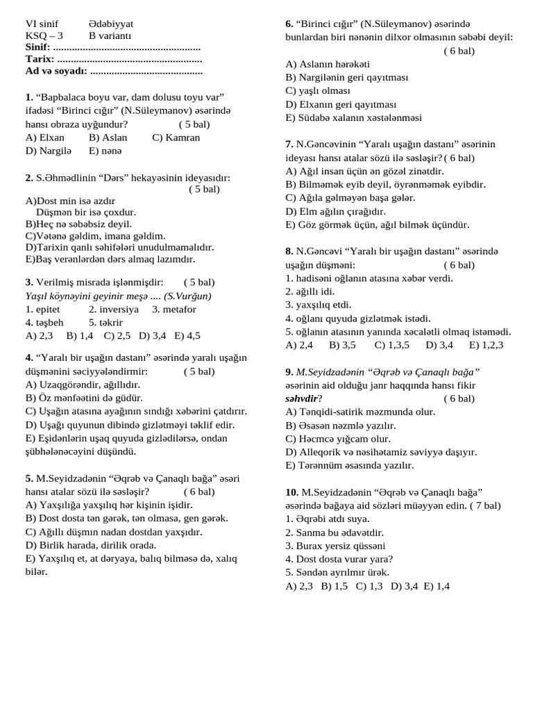 6ci sinif ksq3 b variant | PDF