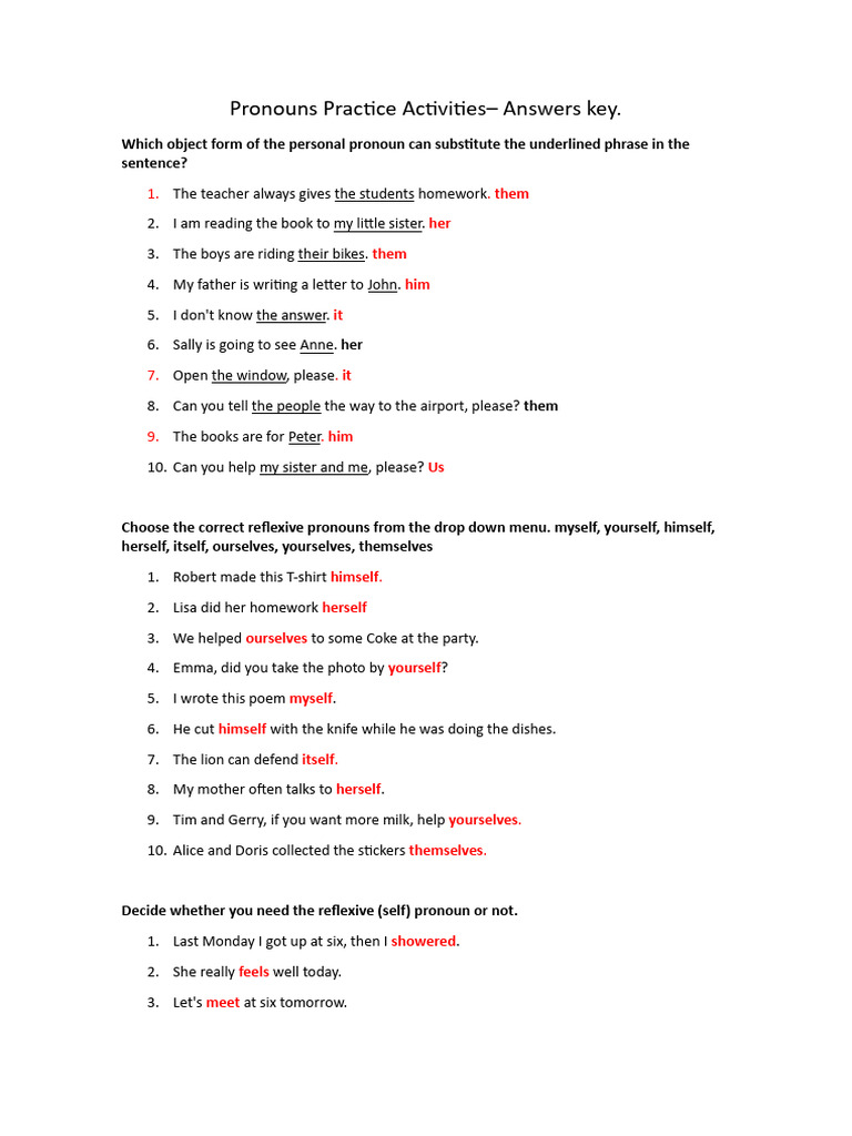 Pronouns Practice Activities Answers | PDF