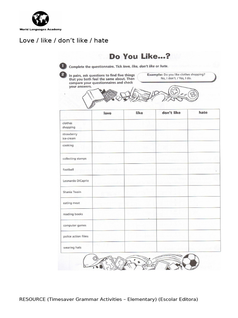 Love, Like, Hate: Grammar Activities | PDF