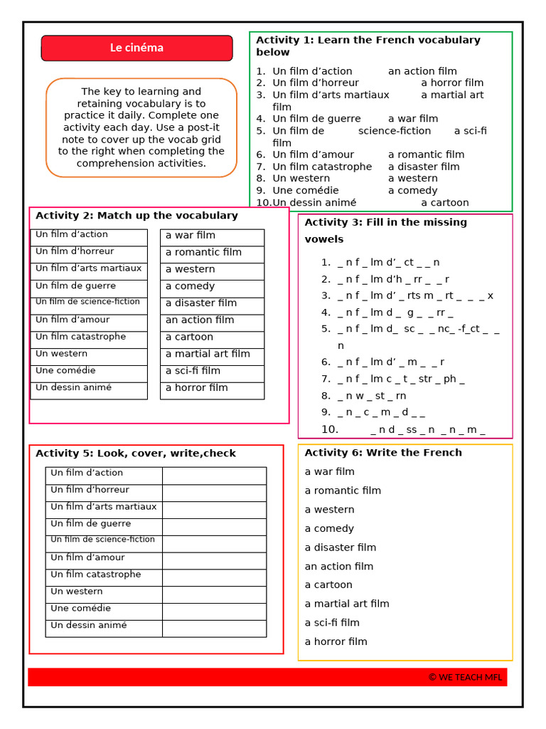 Cinema Guided Vocabulary Revision | PDF