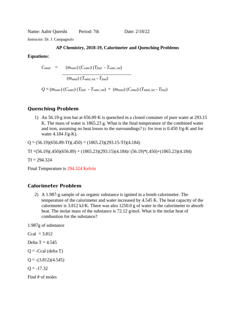Thermodynamics Calorimetry and Quenching Problems 2018 2019 1 | PDF