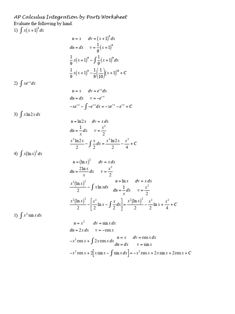 Ap Calculus Integration by Parts Worksheet Key | PDF | Arithmetic | Geometric Measurement