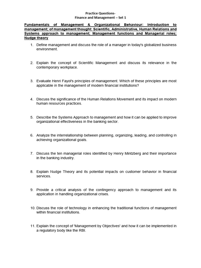 Finance Management Practice Questions Set 1 | PDF | Organizational ...