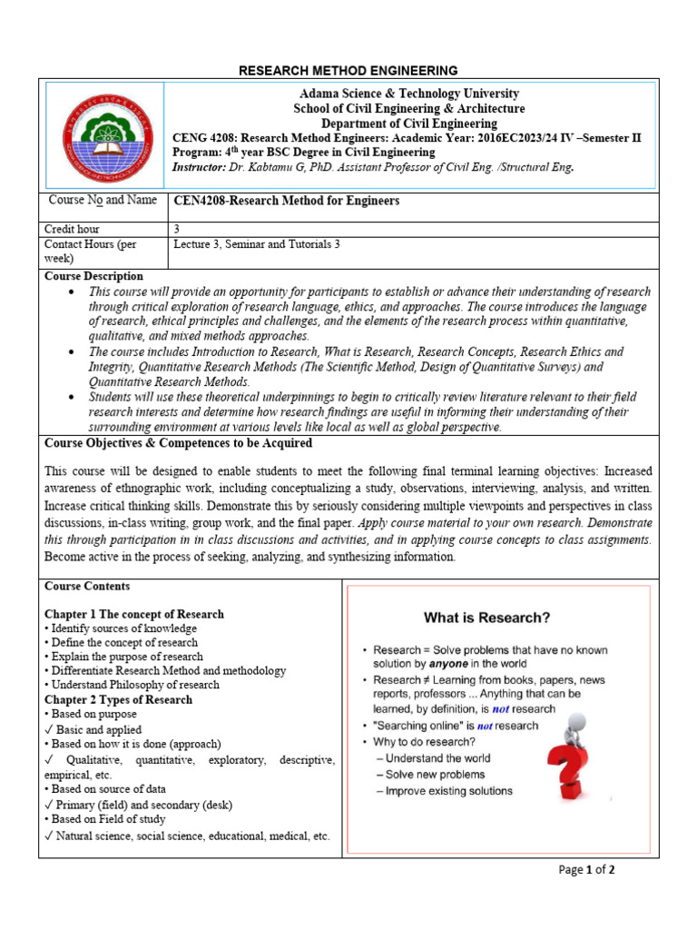 CEN4208 Research Method Engineers ASTU Course Outline | PDF | Cognition | Learning