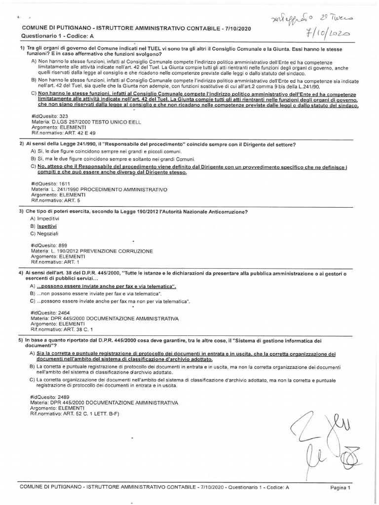 Questionario 2^ turno_07.10.2020_PROVA PRESELETTIVA | PDF