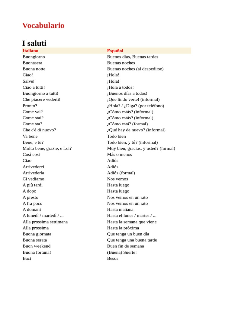Vocabulario Básico de Italiano PDF | PDF